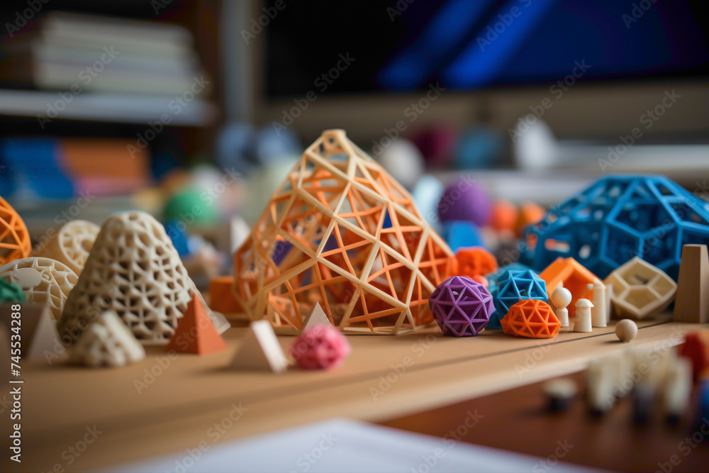 A close-up of a mathematician's desk with a variety of 3D-printed ...