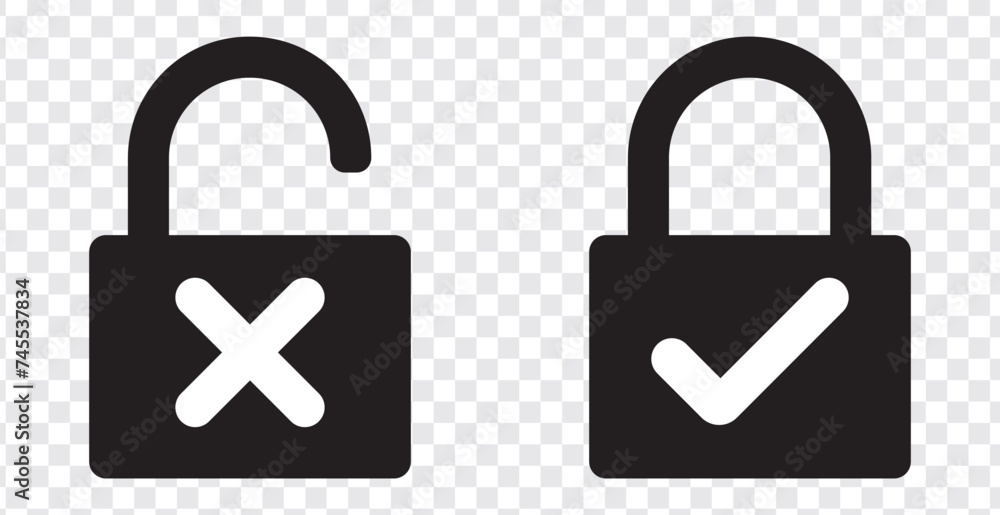 Lock and unlock check mark and cross mark icon. . Open and closed ...
