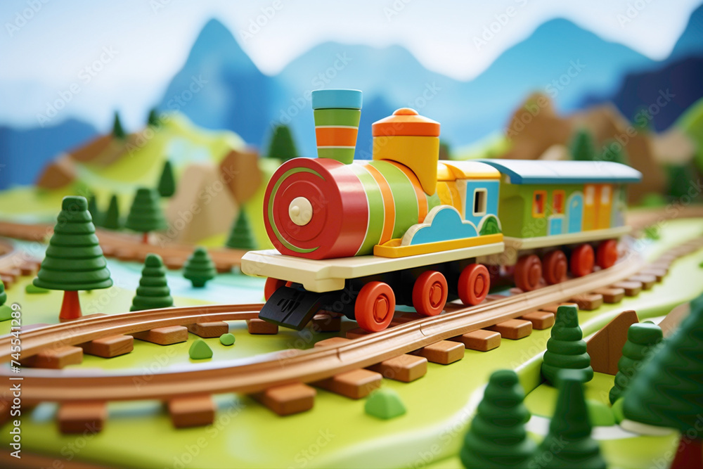 Whimsical 3D-modeled train toy chugging along a vibrant track, evoking ...
