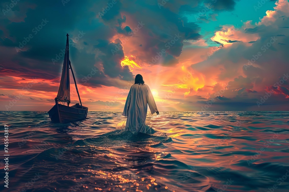 Illustration of jesus christ performing a miracle Walking on water ...