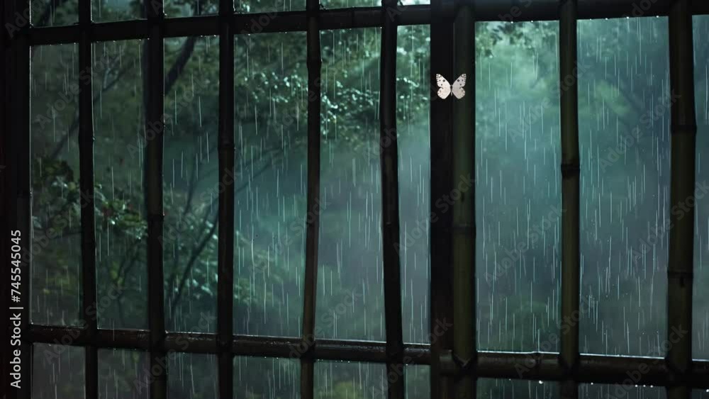 rain drops on a window. hard rain in forest view from a window ...