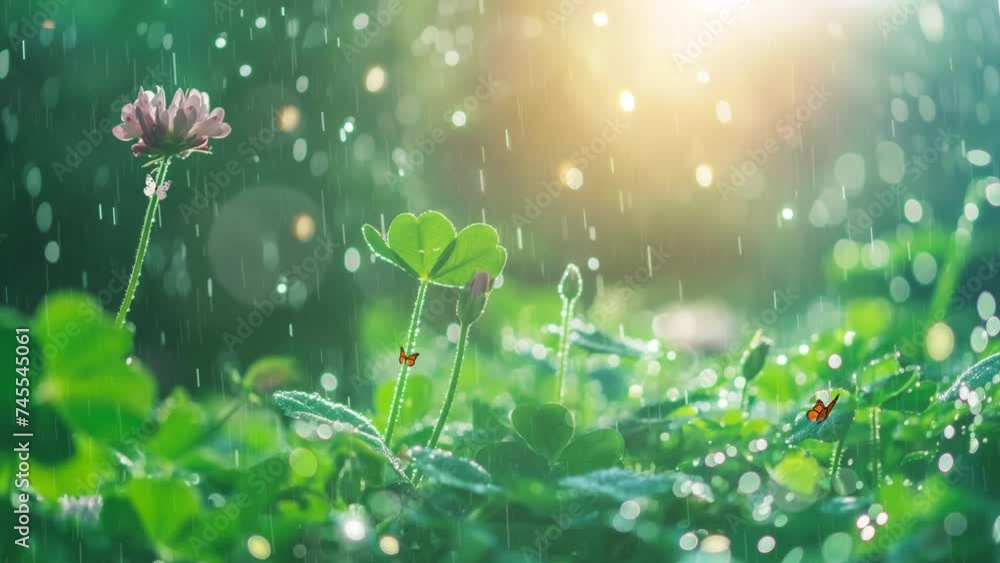 magic background with clover and raindrops. nature background in rainy ...