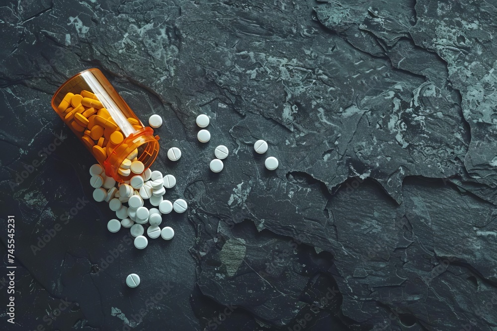 Prescription opioids concept with a bottle and many pills Highlighting ...