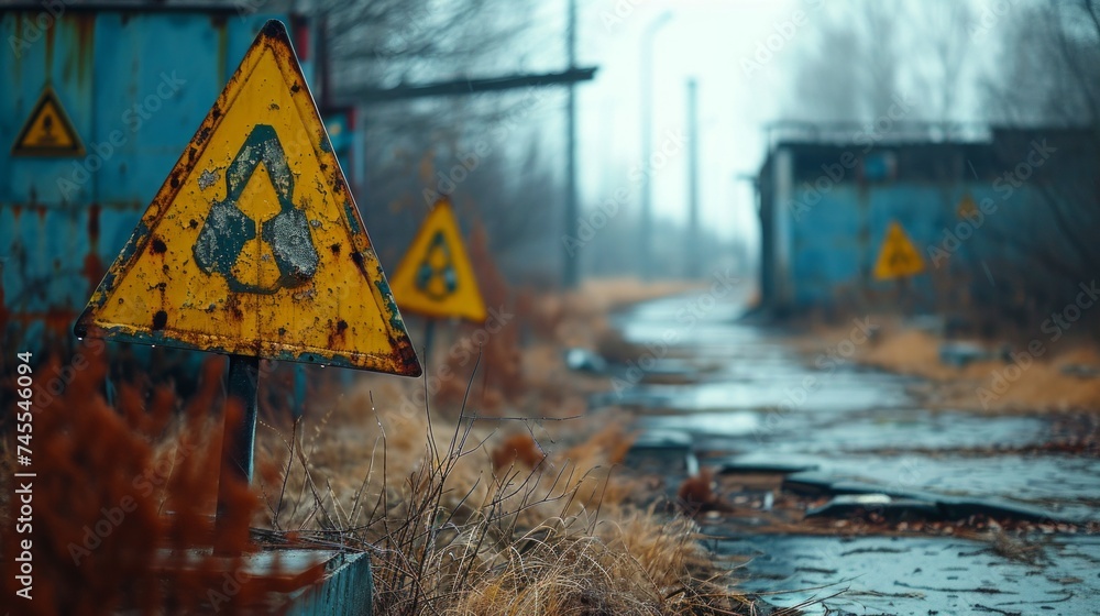 Generative AI Close-up of radioactive warning signs at Chernobyl ...