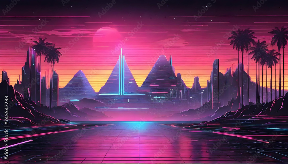 80s Retro Sci-Fi Background Futuristic landscape. Digital cyber style ...