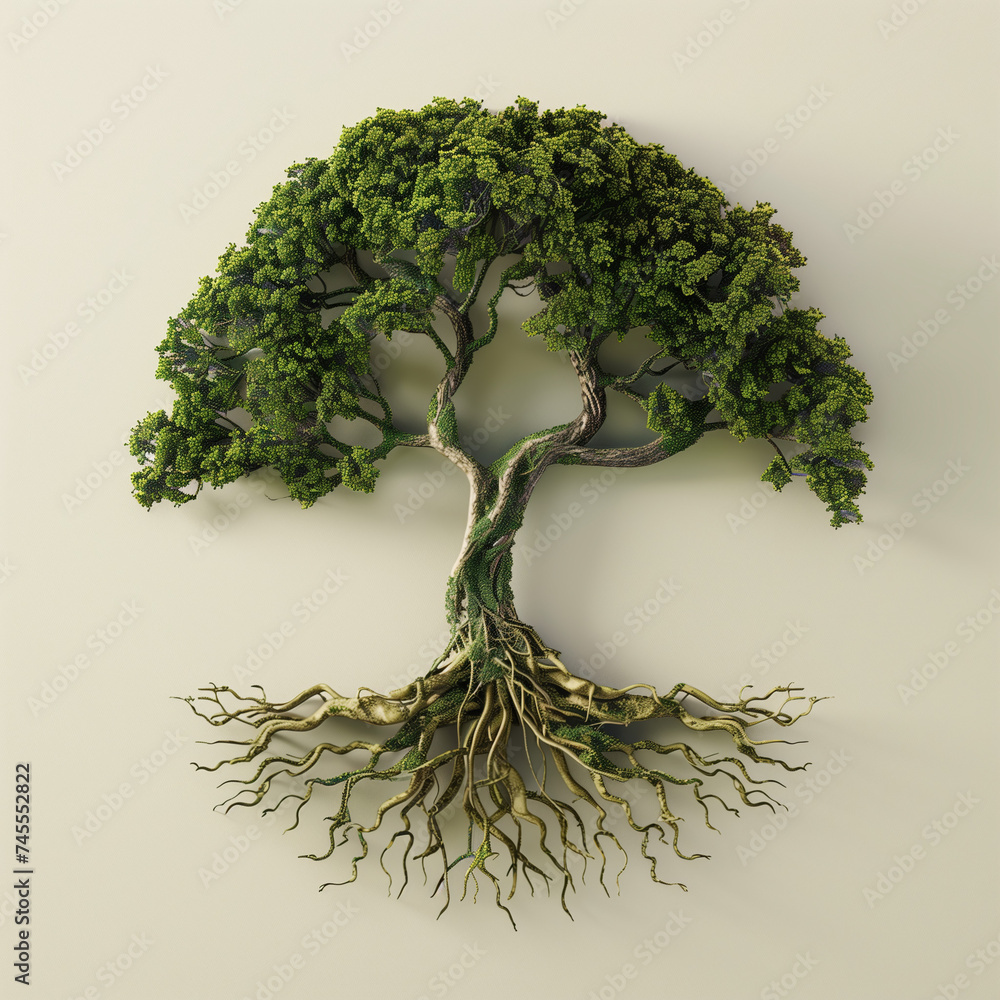 Conceptual Tree of Life with Deep Roots and Lush Canopy on Beige ...