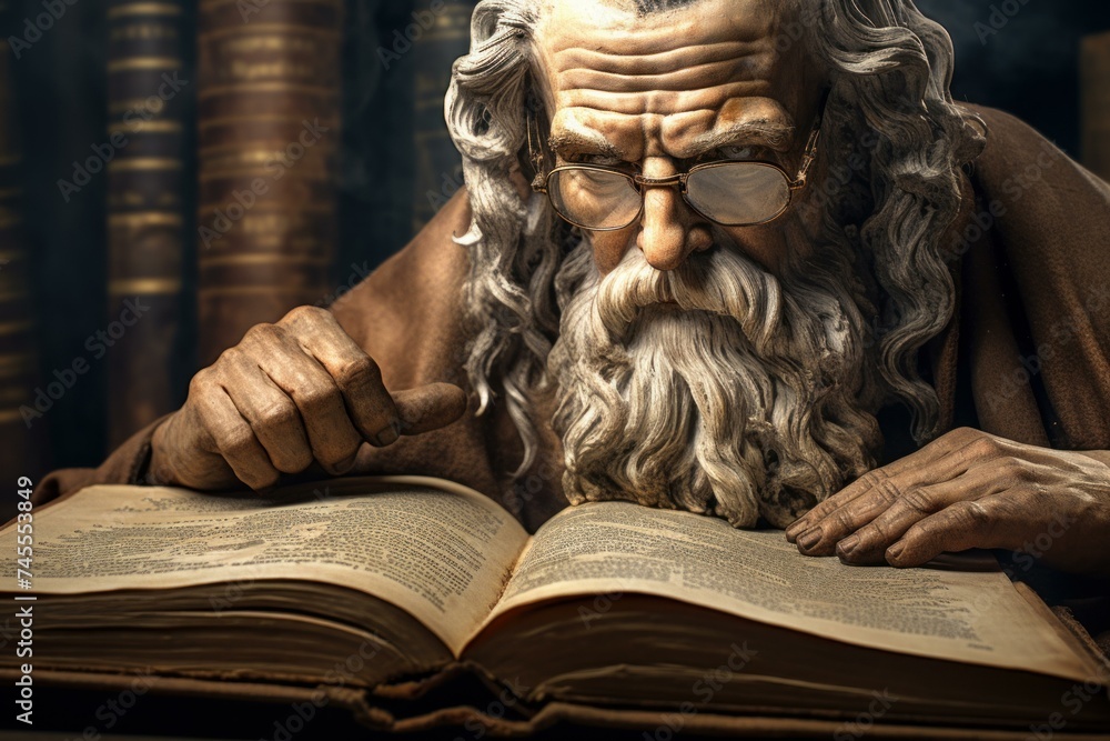 Intellectual Philosopher read book. Retro old person with mature face ...