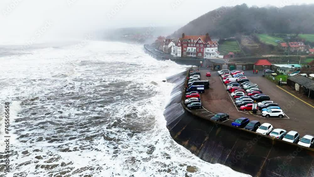 Stormy winter scene. Rough seas of the English coast with mist and fog ...