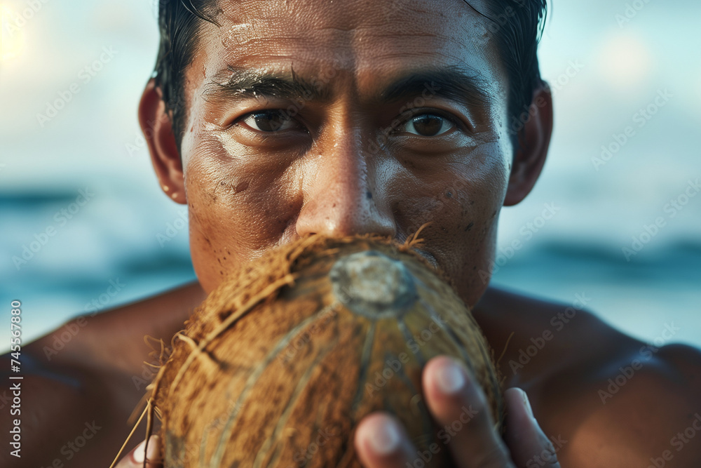 An older handsome Hawaiian man is holding a coconut in front of his ...