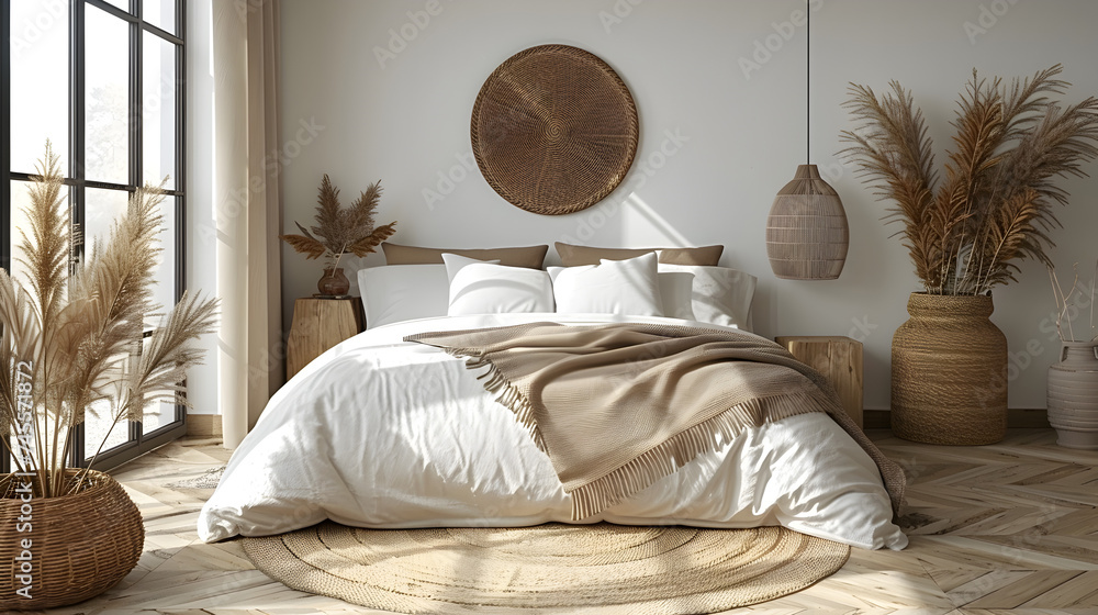 White bedroom with a double bed and a panoramic window over white table ...