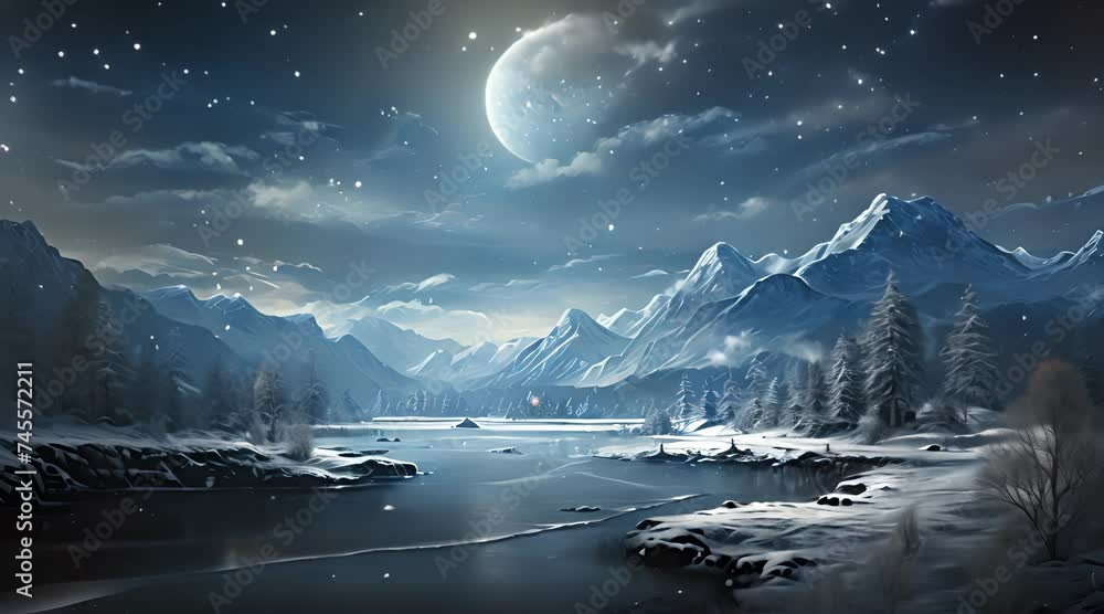 Abstract animation of a huge moon over an icy lake. Satellite, night ...