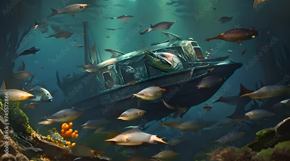 Abstract animation sunken boat. Accident, shipwreck, water, drowned ...