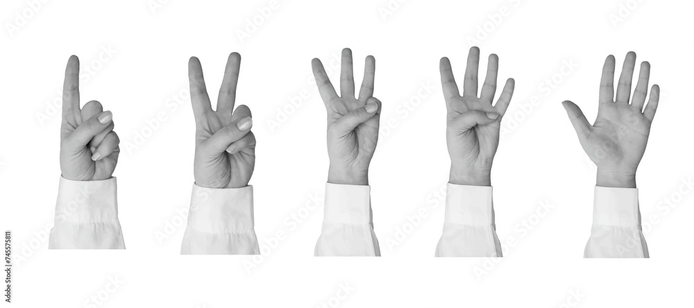 Black and white hand in a white shirt shows fingers gesture. Counting ...