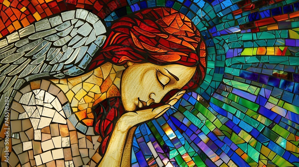 An angel weeping at a stained glass window its tears becoming part of ...