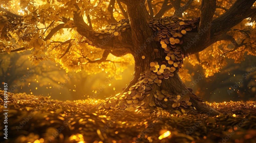 a tall and sturdy wealth tree with gold coin in the sunlight. Gold ...