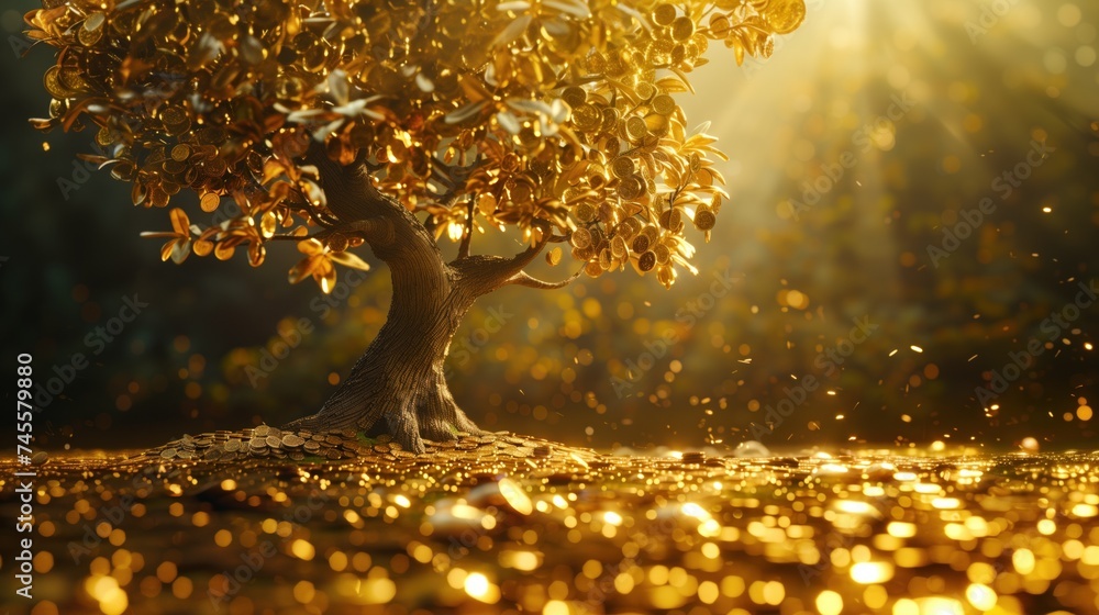 a tall and sturdy wealth tree with gold coin in the sunlight. Gold ...