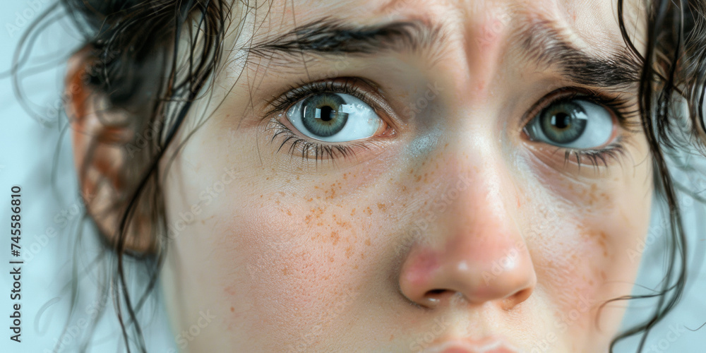 Intense Gaze: Hyper-Realistic Portrait of a Scared and Stressed Young ...