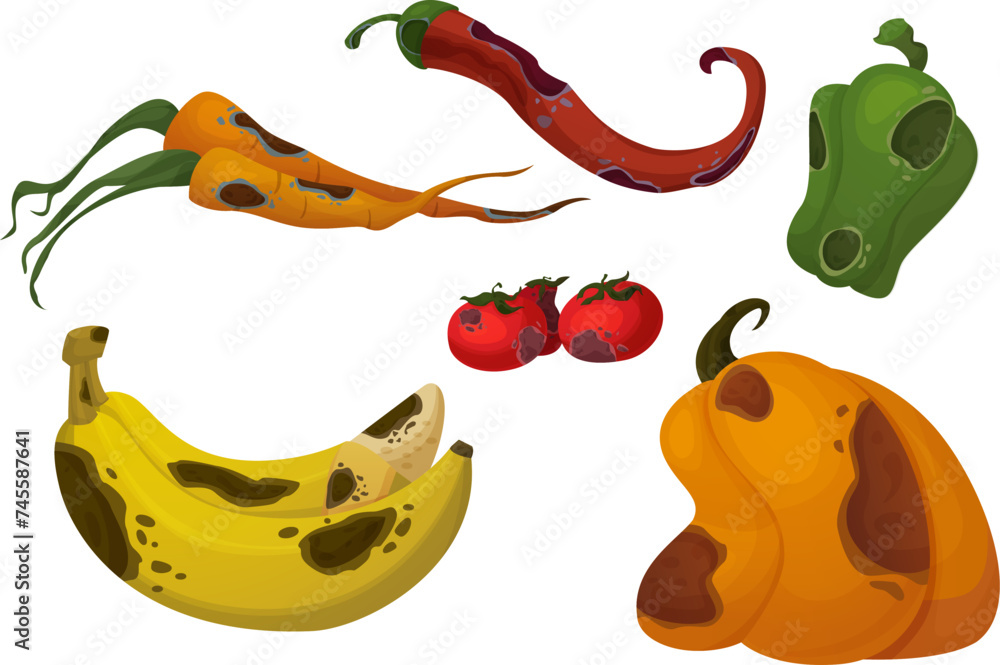 Vetor de Rotten food with rot and mold. Cartoon vector illustration set ...