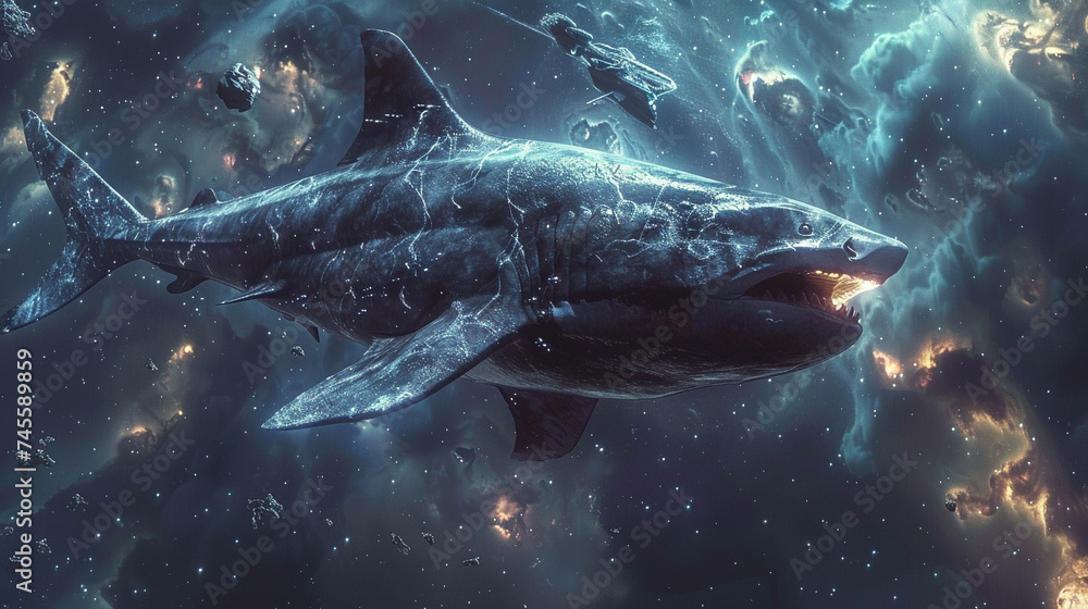 Biomech shark swimming through space debris, its eyes a deep, dark void ...