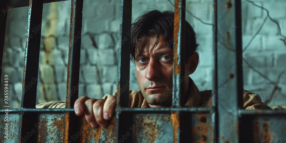 Adult criminal behind bars in prison. Prisoner sit look into camera ...