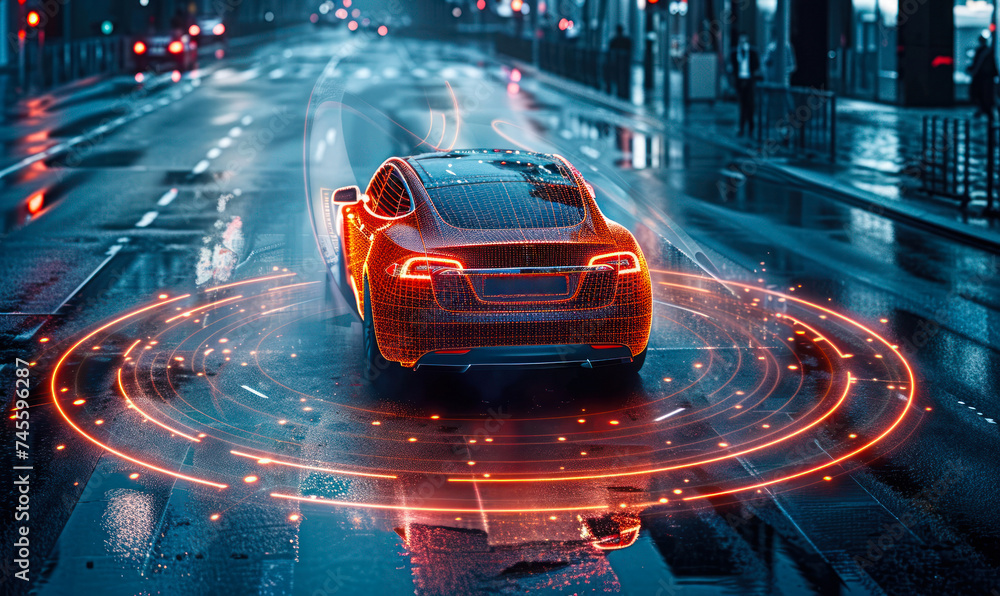 High-tech autonomous car with activated safety systems visualized by ...