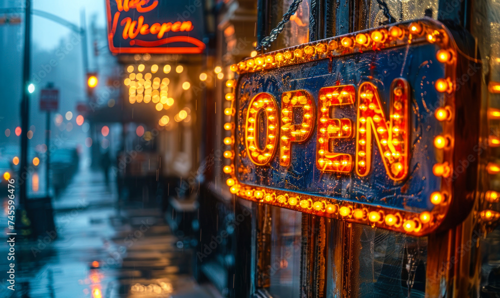 Vintage Neon Open Sign Hanging on a Glass Window with Warm Glowing ...