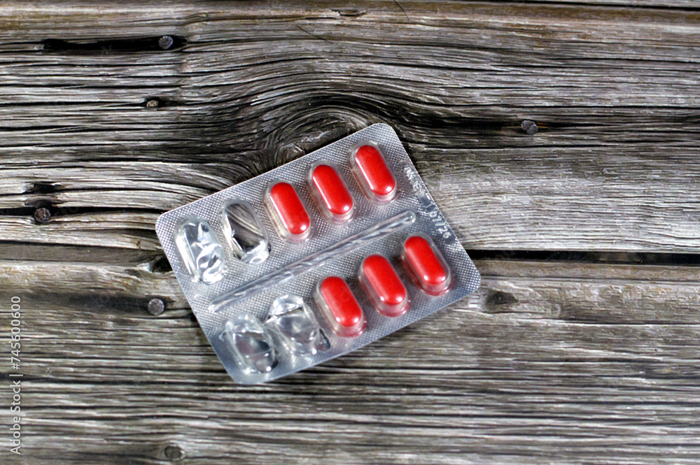Medication tablets, red tablets, treatment, remedy, drug usage, abuse ...