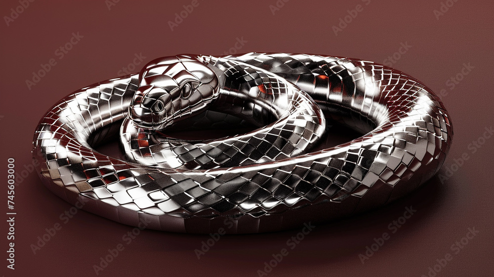3d render of a reflective coiled serpent with a glossy skin on a deep ...