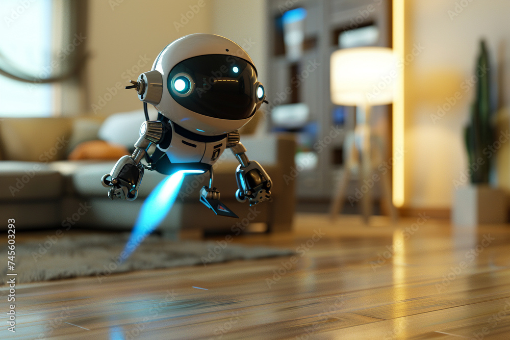 3d render of a tiny robot with a mini jet pack flying around a room ...