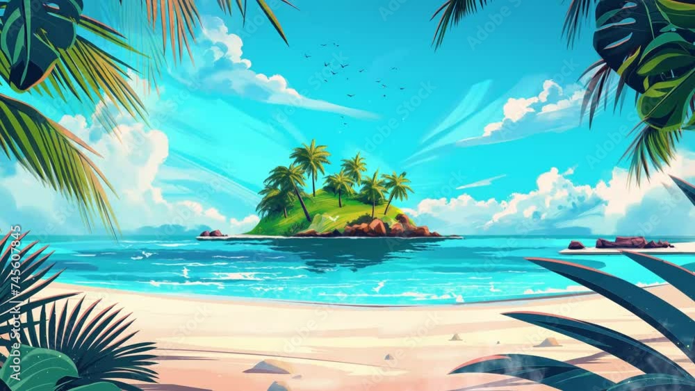 sunny tropical beach with palm leaves and paradise. beach with island ...