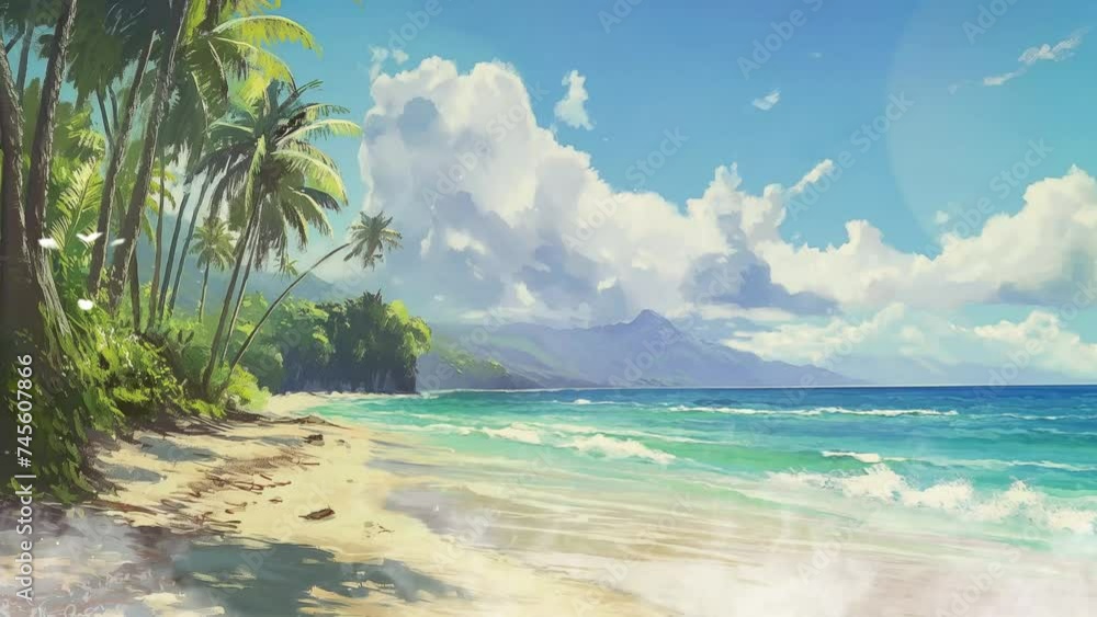 anime cartoon illustration background with tropical beach. seamless ...