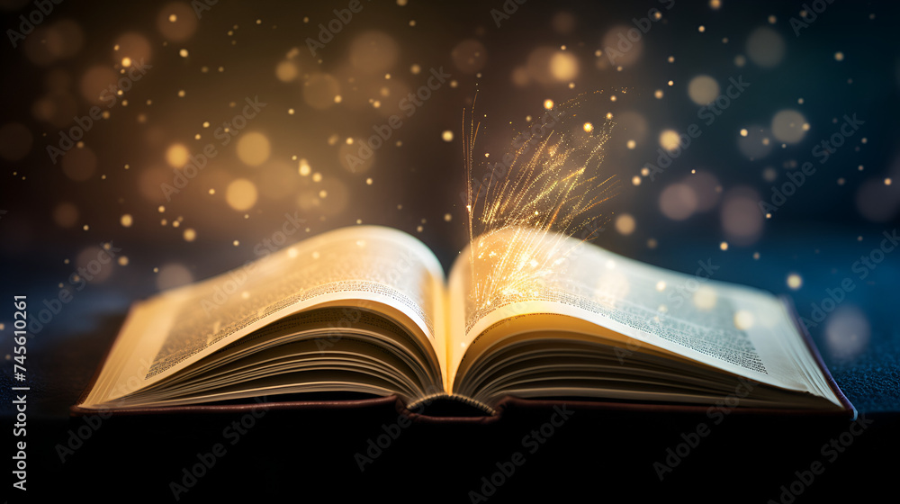 Fantasy background with magical open book image with lights exploding ...