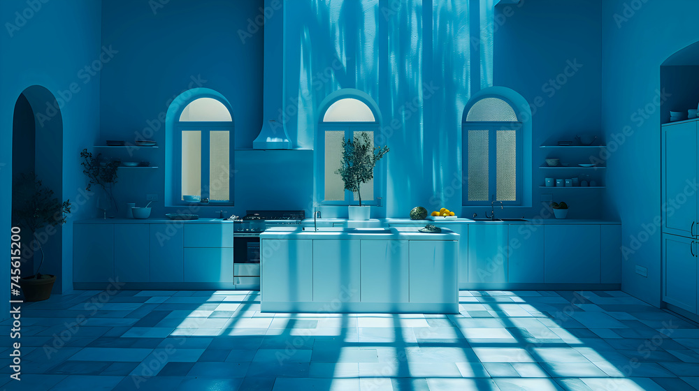 Twilight ambiance in a vibrant blue kitchen, with intricate shadows ...