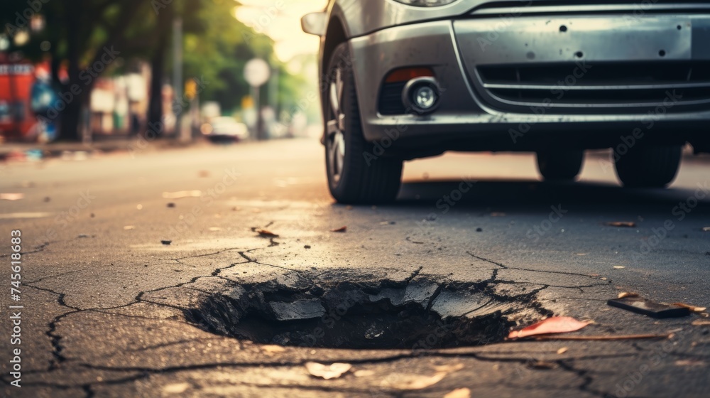 car wheels running and closed up Very bad quality street with potholes ...