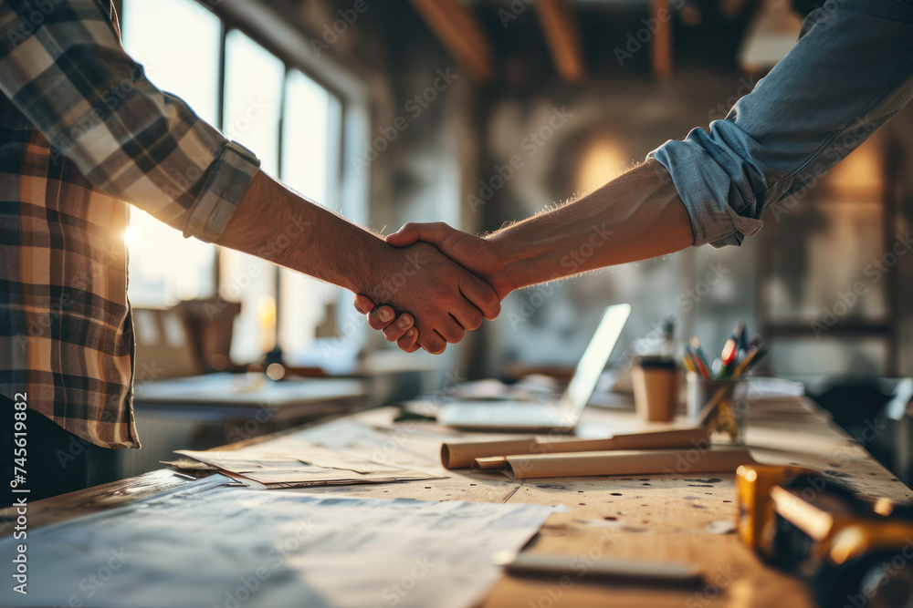 businessman, shaking hands, background, strategy, office, team ...