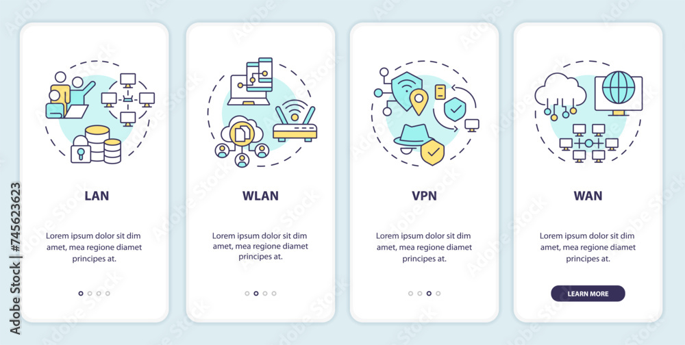 Types of network onboarding mobile app screen. Network management ...