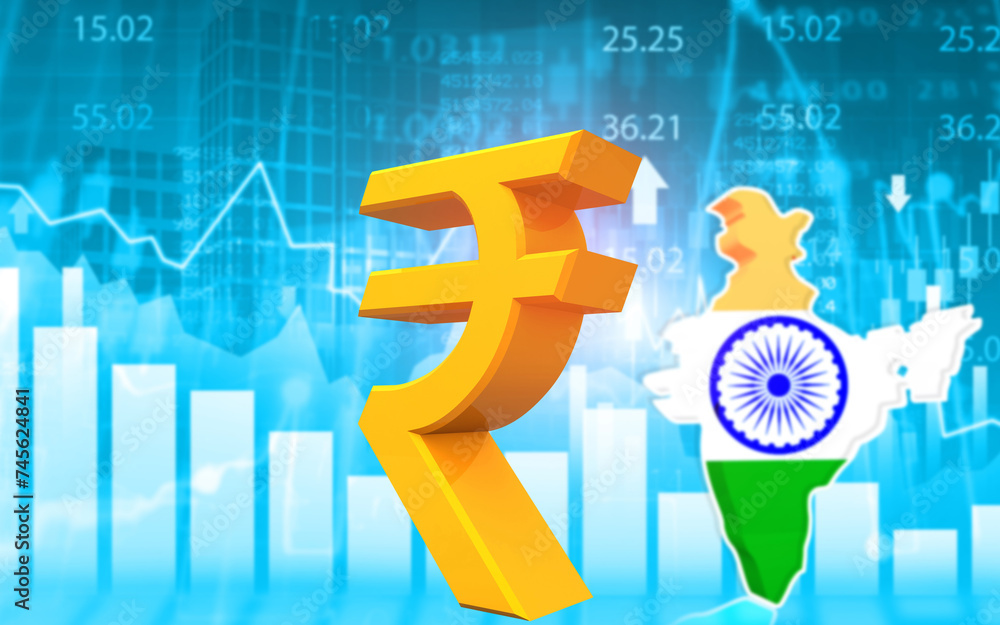 Indian rupee symbol with map on stock market chart graph background. 3d ...