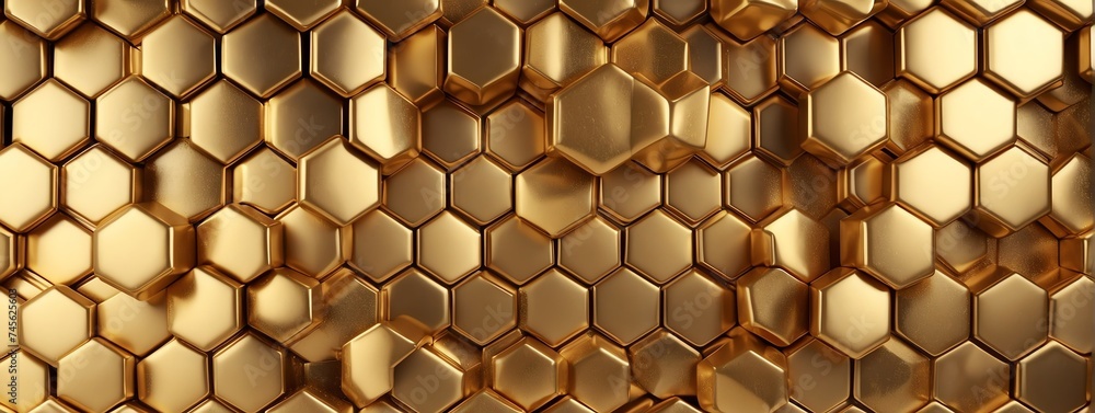 Wide angle panoramic view of shiny gold metallic hexagonal surface ...
