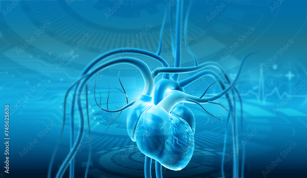 Human heart anatomy on blue color science background. 3d illustration ...