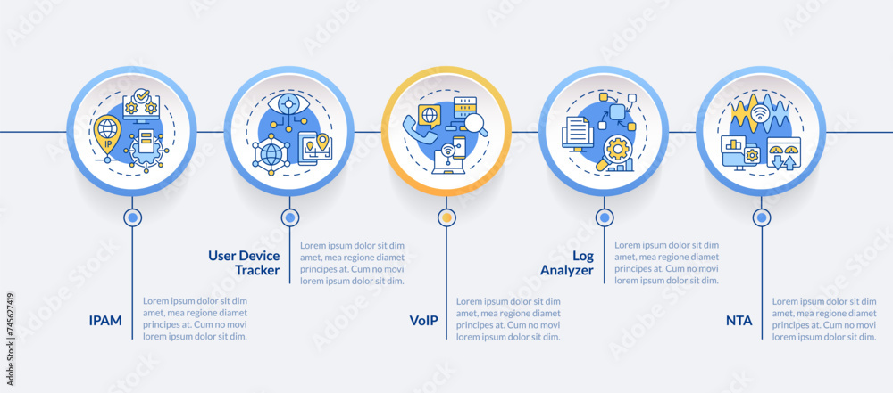 Network managing software circle infographic template. Data visualization with 5 steps. Editable ...