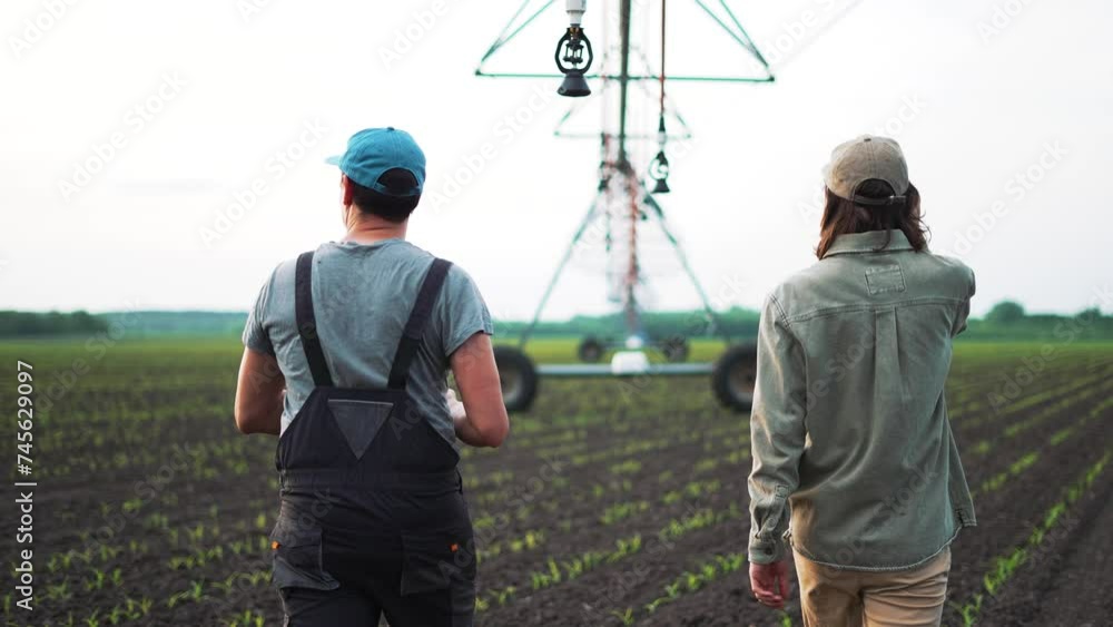 Agriculture. Irrigation watering corn field. Green sprouts of corn on ...