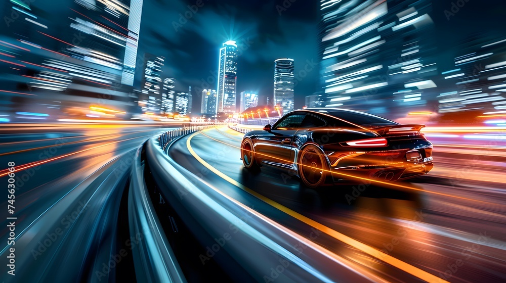 A computer-generated 3D car races and drifts at high speed on a night ...