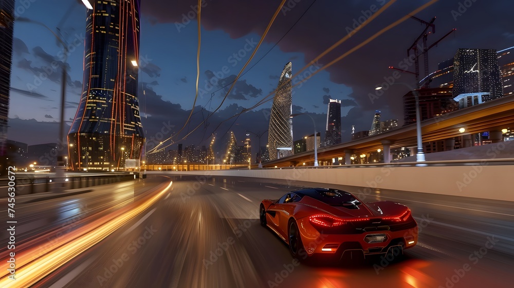 A computer-generated 3D car races and drifts at high speed on a night ...