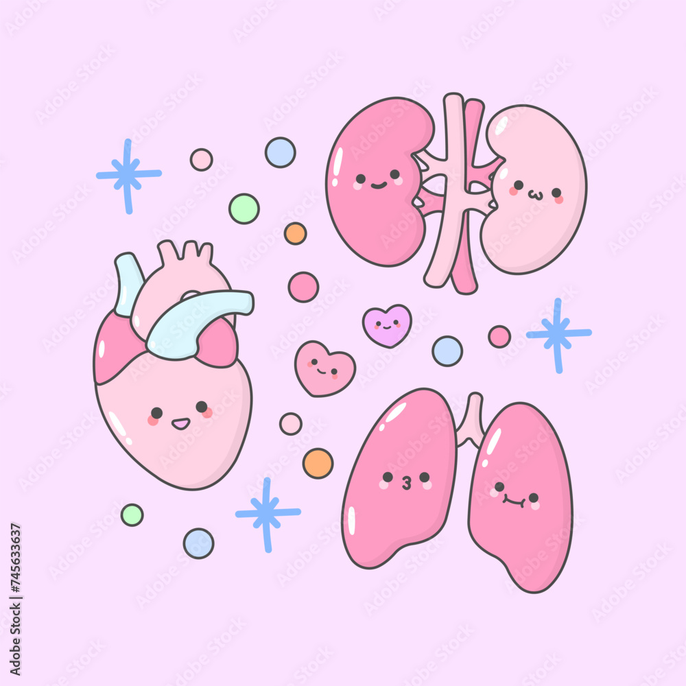 human body organs heart lung with cute facial expressions and pastel ...