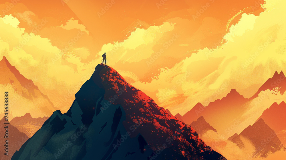 An illustration of a mountain climber reaching the peak of a hill with ...