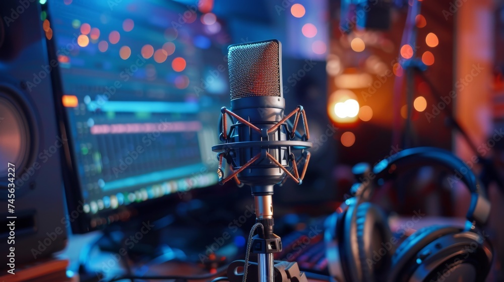 Professional studio microphone set up for recording, symbolizing music ...