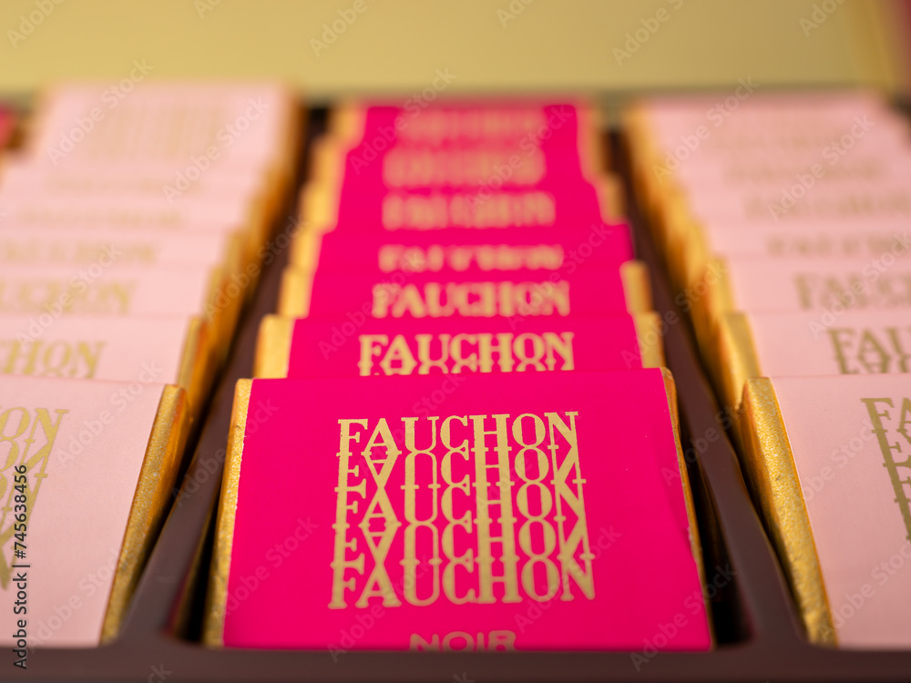 Berlin, Germany, February 25 2024. Box of chocolates Fauchon On a pink ...