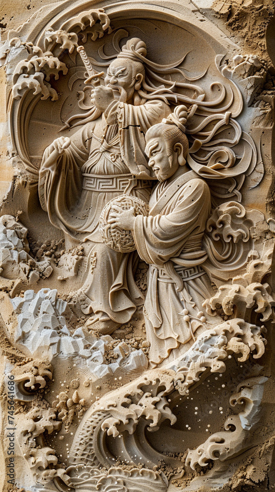 Sand carvings of Fujin and Raijin the gods of wind and thunder locked ...