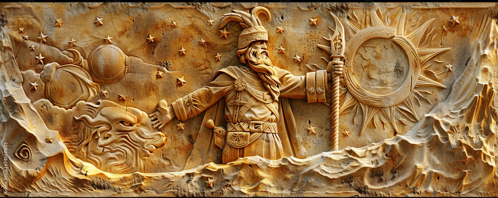 Sand carvings of Svarog the smith god and celestial fire his figure ...