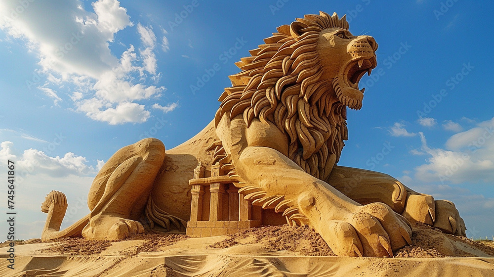 Sand sculptures of Lion towering and fearsome capturing the king of ...